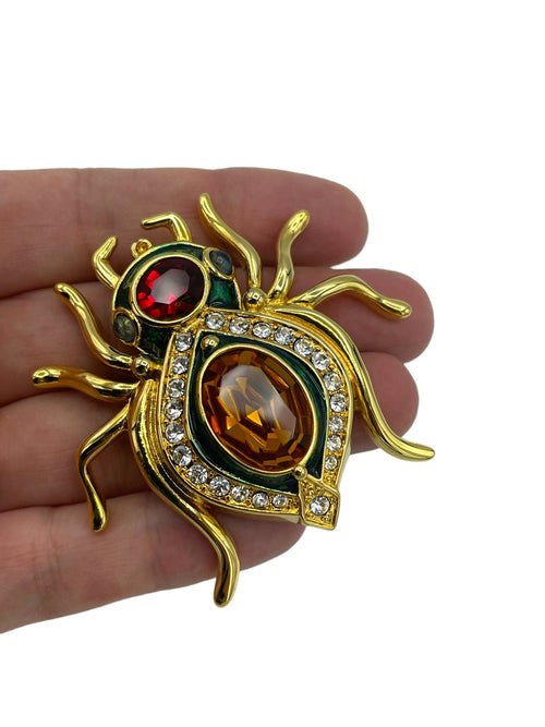 Kenneth Jay Lane Beetle Brooch – Gold Tone Amber & Red Rhinestone Pin ...