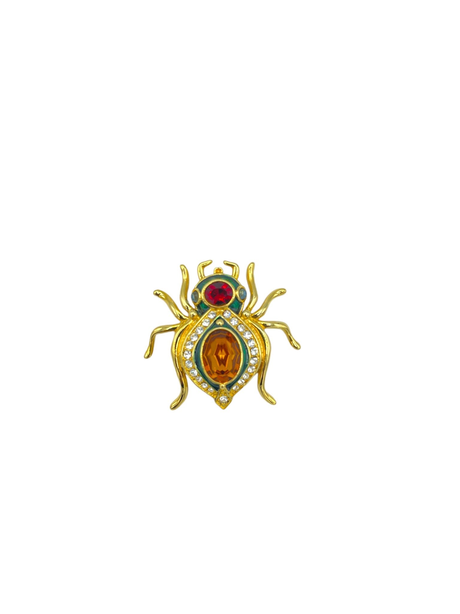 Kenneth Jay Lane Beetle Brooch – Gold Tone Amber & Red Rhinestone Pin ...