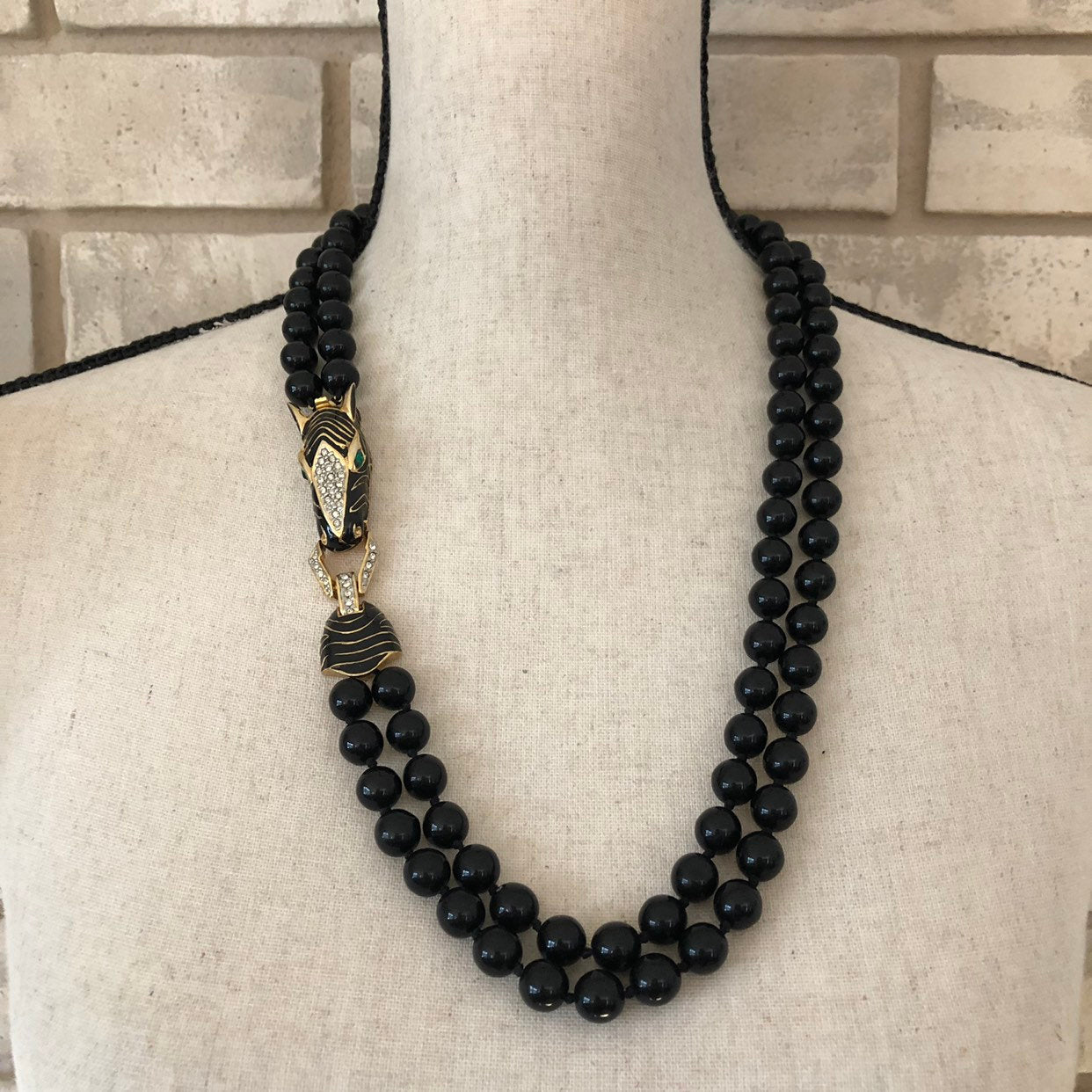 Les Bernard Black Bead Enamel Zebra Necklace 24 Wishes Vintage Jewelry