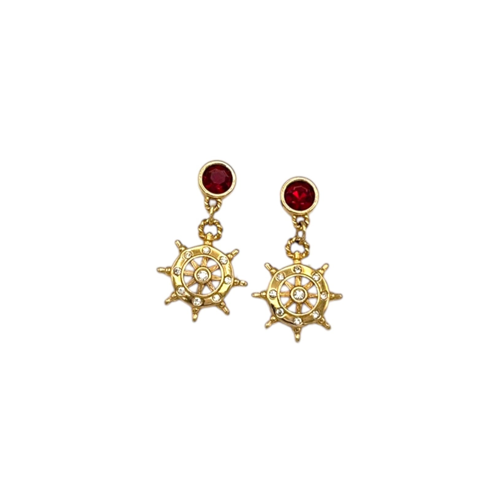 Swarovski SAL Gold Crystal Ship Wheel Nautical Vintage Pierced Earrings ...